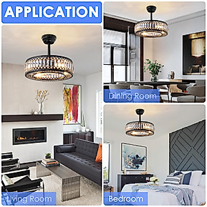 Modern Black Crystasl Ceiling Fan with Light, Caged 18" Bladeless Ceiling Fan with Remote Control, 6 Speed Low Profile Enclosed Ceiling Fan with Reversible Motor for Bedroom Kitchen Living Room