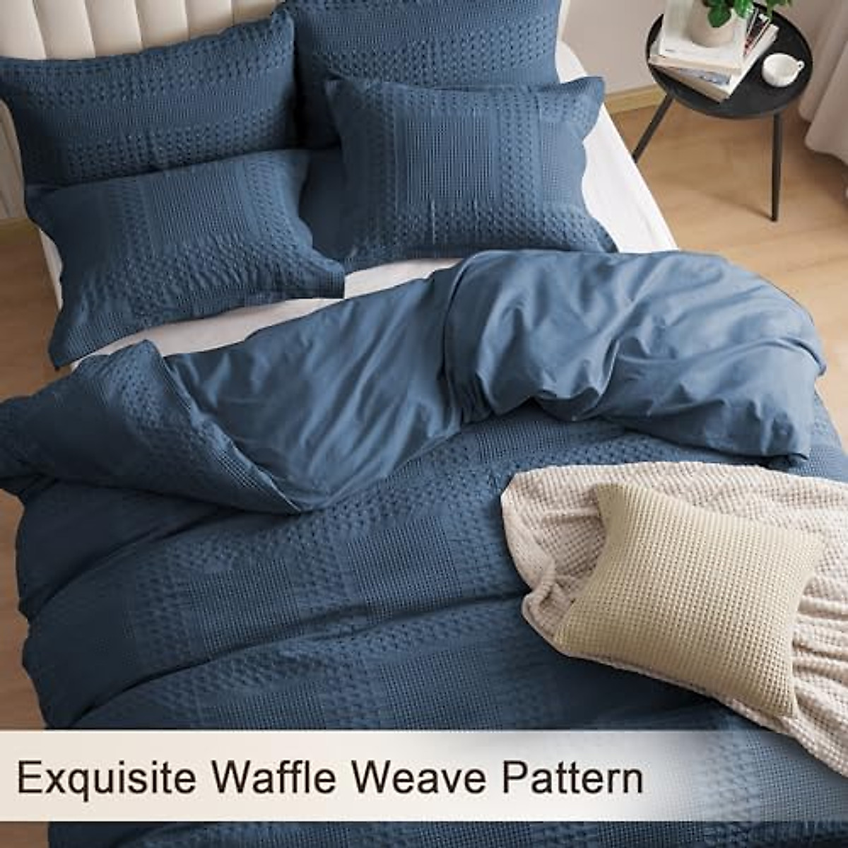PHF 100% Cotton Waffle Duvet Cover Full Size, 3 Pieces Soft Breathable Duvet Cover Set for All Season, Pre-Washed Decorative Textured Comforter Cover with 2 Pillow Shams, 80"x90", Navy Blue