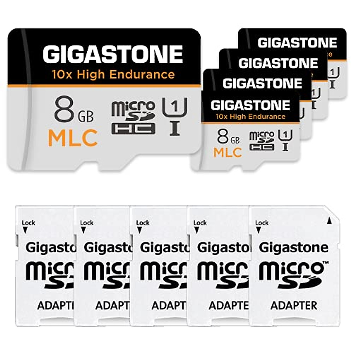 [10x High Endurance] Gigastone Industrial 8GB 5-Pack MLC Micro SD Card, Full HD Video Recording, Security Cam, Dash Cam, Surveillance Compatible 85MB/s, U1 C10, with Adapter [5-Yrs Free Data Recovery]