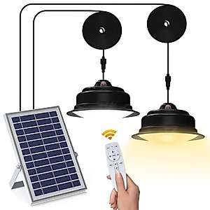 Malitupy Solar Lights Indoor Outdoor Home 1000 Lumen Dual Head Solar Shed Light with Dimmable Remote Control 120LED Cool/Warm White Solar Pendant Light for Patio Porch Barn Farm House