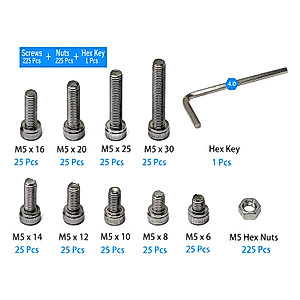 iexcell 450 Pcs M5 x 6/8/10/12/14/16/20/25/30 Stainless Steel 304 Hex Socket Head Cap Screws Bolts Hex Nuts Assortment Kit
