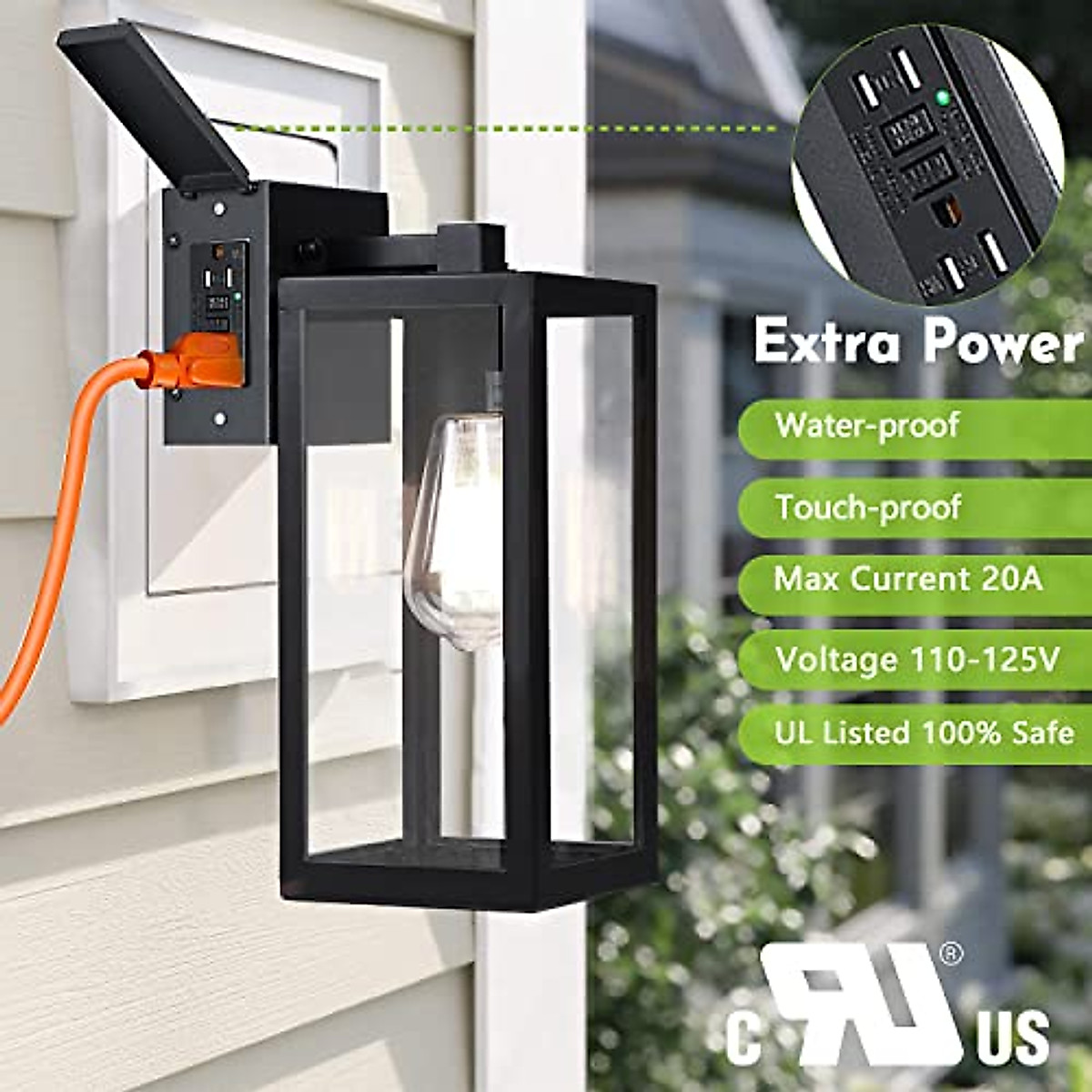 Outdoor Wall Lights with GFCI Outlet, Wall Light Fixture Porch Light Wall Lantern, Waterproof Exterior Wall Sconce, Black Wall Mounted Lighting Black for House Outside Garage, 2-Pack