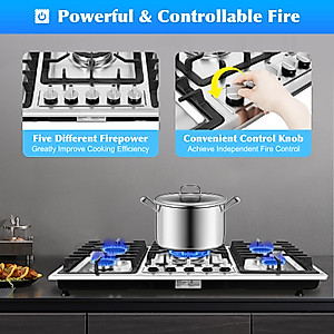 5 Burners Built in Gas Stovetop Cooker Gas Range Portable Stainless Steel Cooktop LPG/NG Dual Fuel Cast Iron Grate Gas Stove Kitchen Cooking Stove for Home RV Outdoor Apartment Silver(33.85x19.68Inch)