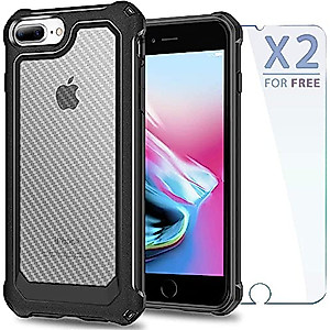 SUPBEC iPhone 8 Plus Case, iPhone 7 Plus Case, Slim Carbon Fiber Shockproof Protective Cover with Screen Protector [x2] [Military Grade Drop Protection] [Anti Scratch&Fingerprint], 5.5", Black