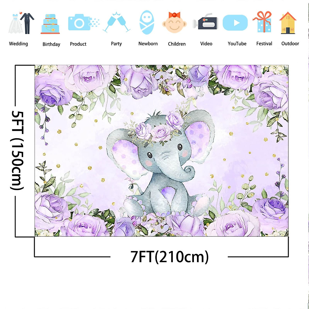 Avezano Purple Elephant Baby Shower Backdrop Lavender Floral Little Elephant Baby Shower Background Girl Elephant Baby Shower Party Decorations Photoshoot Props (7x5)