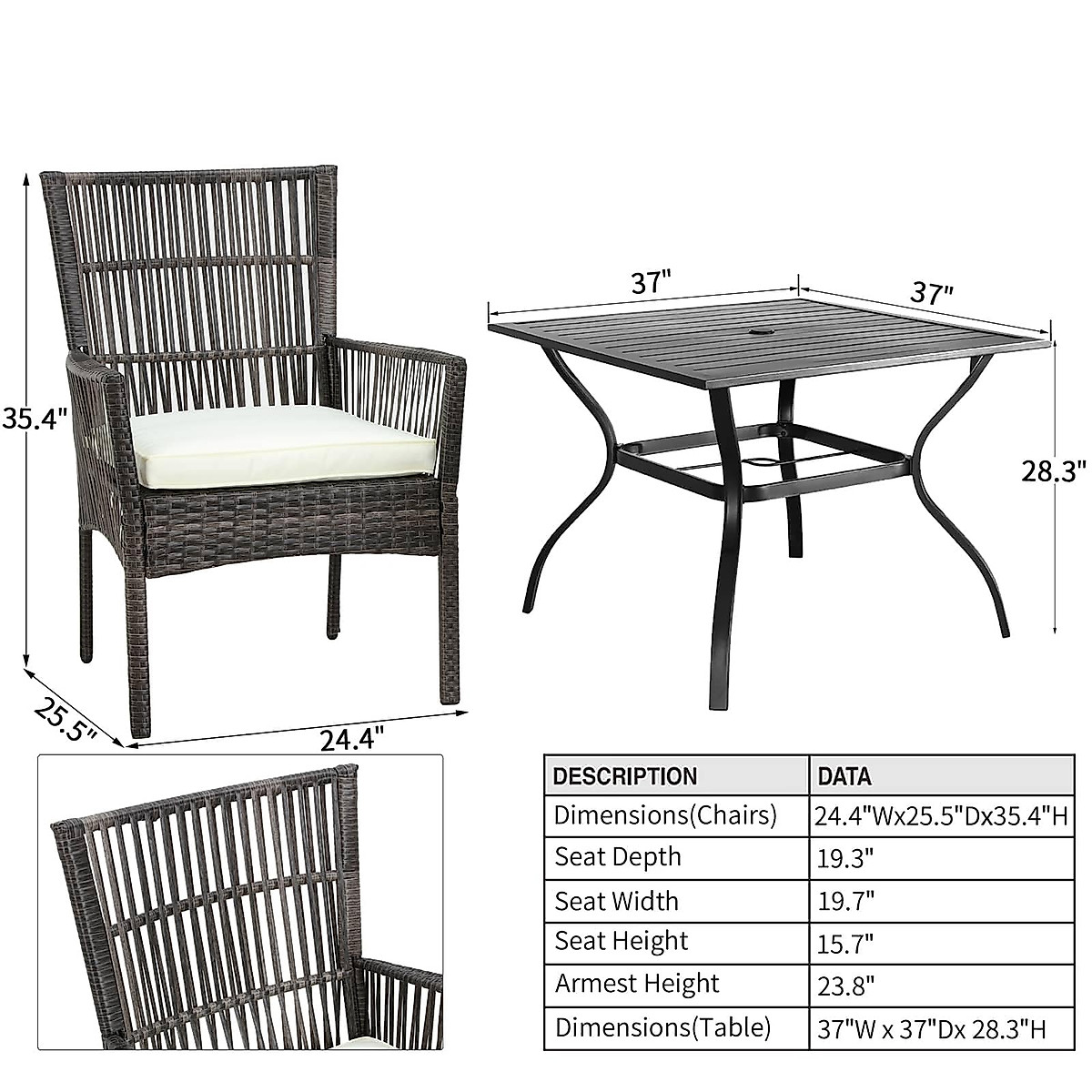 PatioFestival Patio Dining Set 5 Pieces Outdoor Furniture Sets Outside Metal Square Table Wicker Chairs with Galvanized Steel Frame Beige Cushion