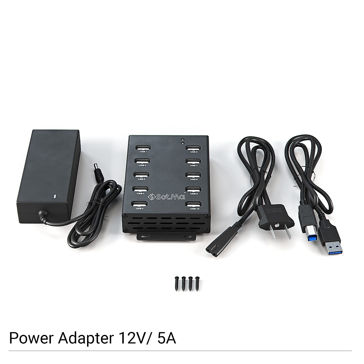 SotMa 10 Port USB 2.0 Hub - USB Hub - Powered USB Hub for Mining - Multiple USB Port Hub - USB Splitter Hub with 12V 5A Power Adapter, LEDs, Mounting Bracket - Black