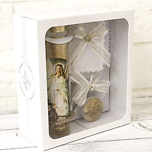 Beautiful Handmade 5pc. Angels with Kids Foil Baptism Christening Shells Candle Set Favors Girl Boy White Set de Bautizo Espanol Nina Nino Baptism Communion Lace Gift Box