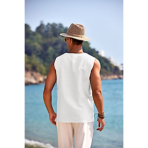 COOFANDY Mens Cotton Linen Tank Top Shirt Casual Lace Up Beach Hippie Yoga Tops Bohemian Medieval Renaissance Pirate Tunic, White, Medium, Sleeveless
