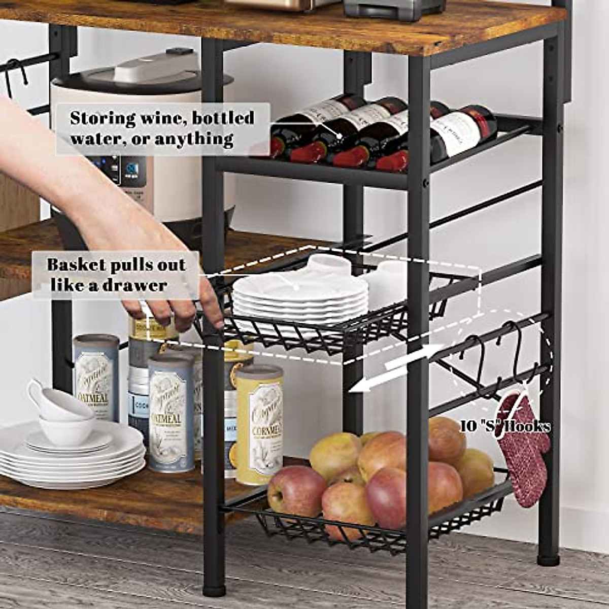 Kitchen Baker’s Rack with 2 Pull Out Wire Baskets, Microwave Stand with Storage Shelf & Wine Rack, 5-Tier Utility Coffee Bar Station with 10 Hooks for Spice Rack Organizer Workstation, Rustic Brown