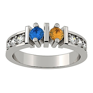 Central Diamond Center Straight Bar w/Side CZs Couples 2 stones Ring with His & Hers Simulated Birthstones - Sterling Silver - Size 12