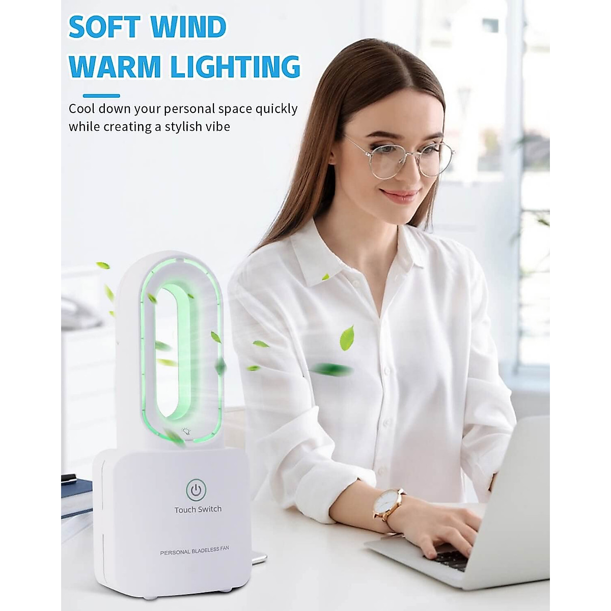 Desk Fan Small Bladeless Personal Fan Quiet Mini Table Fan 12'' Touch Control 4000mAh Rechargeable Portable Fan with 6-Colors LED Ambient Light for Office Home Bedroom Nightstand White