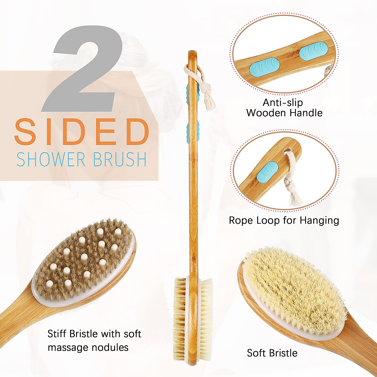Body Shower Brush and Back Scratcher Set, Back Brush with Soft and Stiff Bristles, Exfoliating Skin and A Soft Scrub, Double-Sided Brush Head for Wet or Dry Brushing,Long Handle Cleans The Body Easily