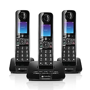 Motorola Voice D8713 Cordless Phone System w/3 Digital Handsets + Bluetooth to Cell, Answering Machine, Call Block - Black