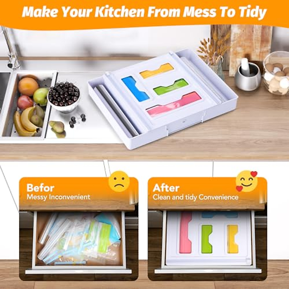 CiWiVOKi Expandable Storage Bag Organizer for Kitchen Drawer, 6 in 1 Foil and Plastic Wrap Dispenser with Cutter, Plastic Organization and Storage for Sandwich Gallon Quart Snack Bags, 3.2"High, White