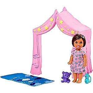 Barbie Skipper Babysitters Inc. Doll Playset Includes Small Toddler Doll, Pink Tent and Cloud-Print Sleeping Bag, Plus Bottle and Teddy Bear, Gift for 3 to 7 Year Olds