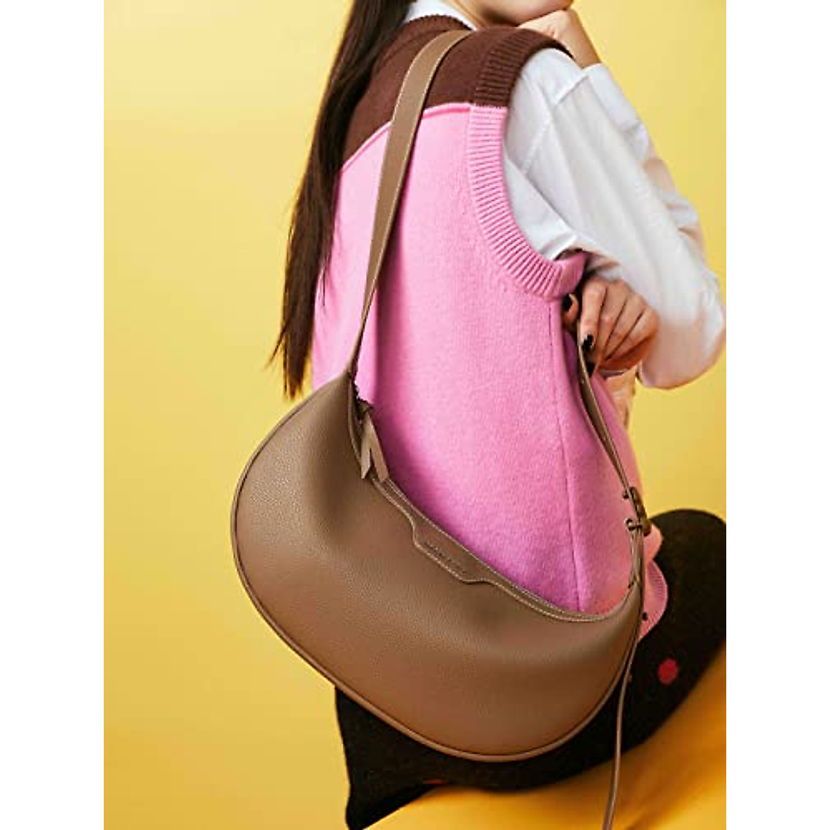 Amazing Song Hald Moon Crossbody Bag for Women, Designer Hobo Shoulder Handbag Togo Lether Adjustable Strap, Brown