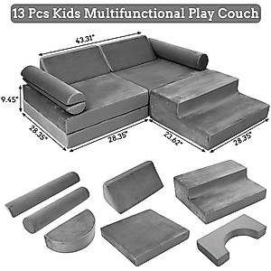 GarveeHome Modular Kids Couch 13PCS Nugget Couch,Toddler Couch for Creative Boys Girls, Convertible Nugget Couch Kids Modular Play Couch, Kids Sofa for Playroom,Grey 56.7"x28.35"