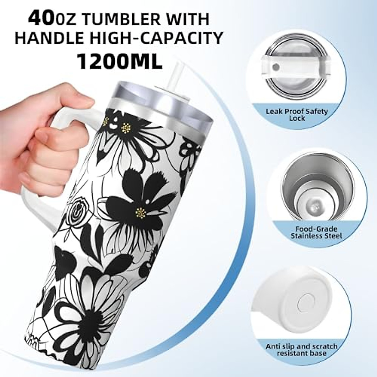 HULIBIN Black and White Flowers Print Double Deck Stainless Steel Travel Coffee Cup With Lid 40 Oz Ice Bully Cup