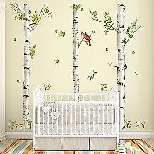 decalmile Large Birch Tree Wall Decals White Tree Forest Birds Wall Stickers Bedroom Living Room Baby Nursery Wall Decor