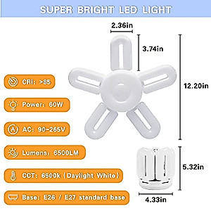 Deformable U-Shaped LED Garage Light, 60W Energy-Saving LED Ceiling Lights, 6500LM Bright Workbench Light with 5 Adjusted Led Light Panels, E26/E27 Basement Led Shop Lights for Workshop, Basement