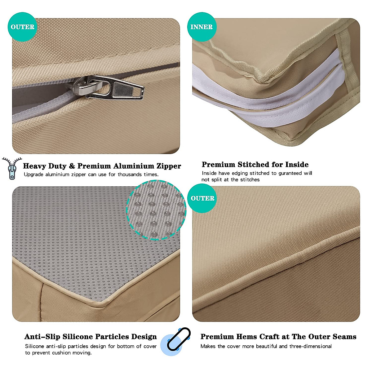 ClawsCover 14Pack Outdoor Seat Cushions Back Pillow Replacement Covers Fit for 5 Pieces 7-Seater Wicker Rattan Patio Conversation Set Sectional Couch Chairs Furniture,Khaki-Cover Only