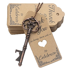 Aokbean 52pcs Vintage Skeleton Key Bottle Opener Party Favor Wedding Favor Guest Souvenir Gift Set with Escort Thank You Tag Card and Keychain(Antique Copper)