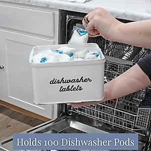 AuldHome Dishwasher Pod Holder, Tablet Container; White Enamelware Rustic Kitchen Storage Tin with Lid