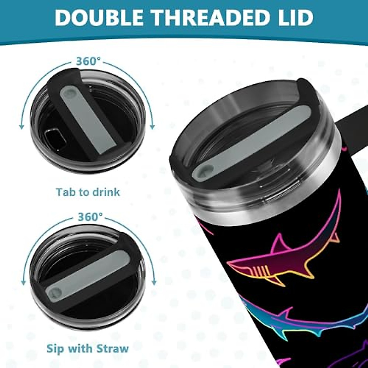 Flradish 30oz Tumbler with Handle, Colourful Sharks Stainless Steel Tumbler with Lid and Straws Double Wall Vacuum Insulated Leakproof Coffee Travel Mug