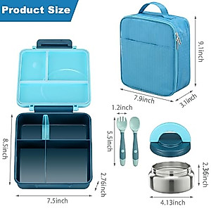 Bento Lunch Box Set for Kids with 8oz Soup Thermo, Leak-Proof Lunch Containers with 4 Compartment, Kids Thermo Hot Food Jar and Insulated Lunch Bag for Kids to School-Blue