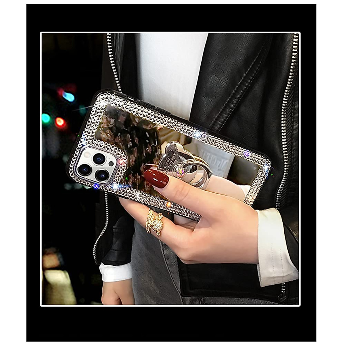 LUVI Compatible with iPhone 15 Pro Max Mirror Bling Case with Ring Cute Glitter Diamond Rhinestone Holder Loopy Finger Grip Kickstand Stand Luxury Fashion Cover for Women Girls Silver