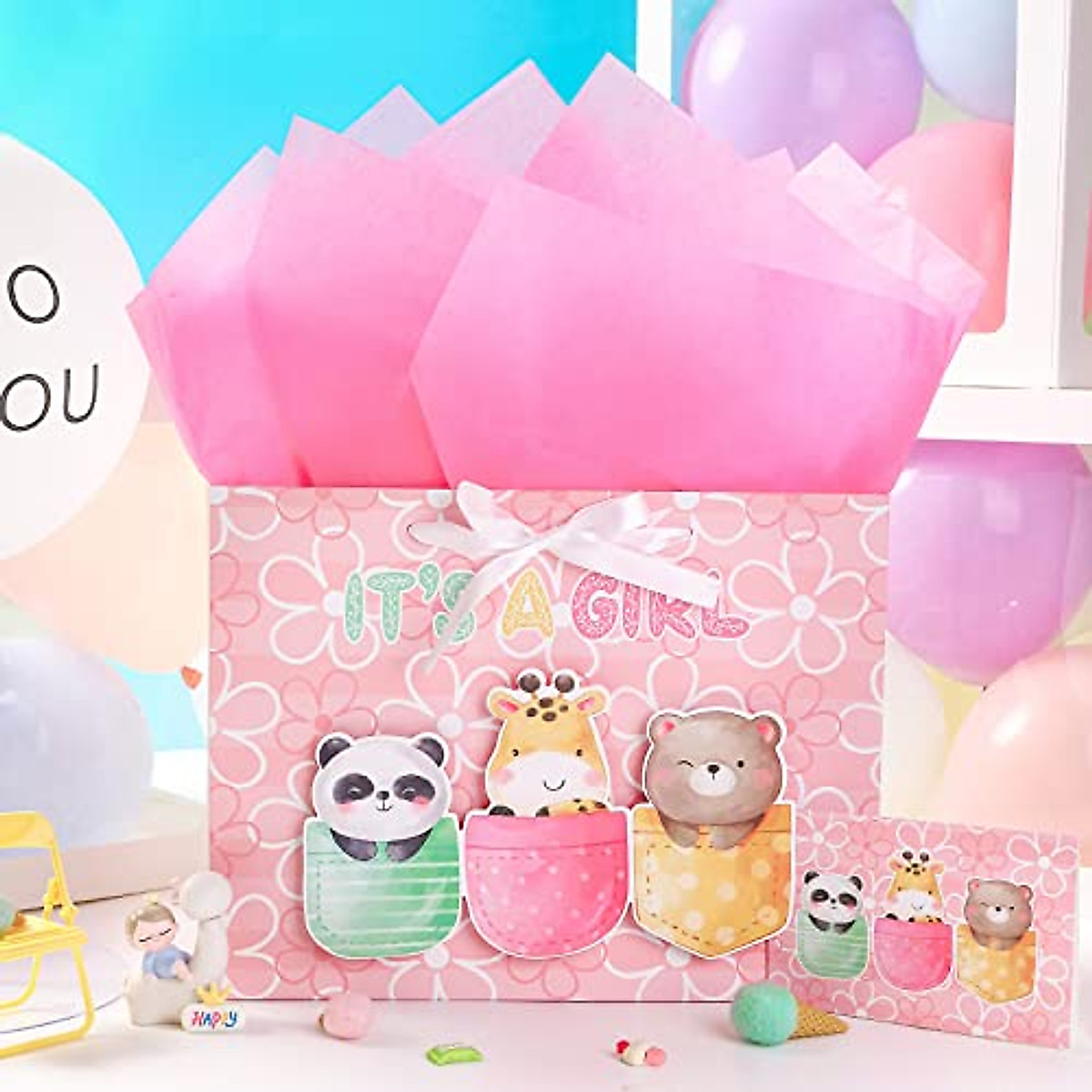 Loveinside Baby Girl Gift Bag Pink Animal Design with Tissue Paper and Greeting Card for Baby Shower, New Parents, and More - 13" x 10" x 5", 1 Pcs