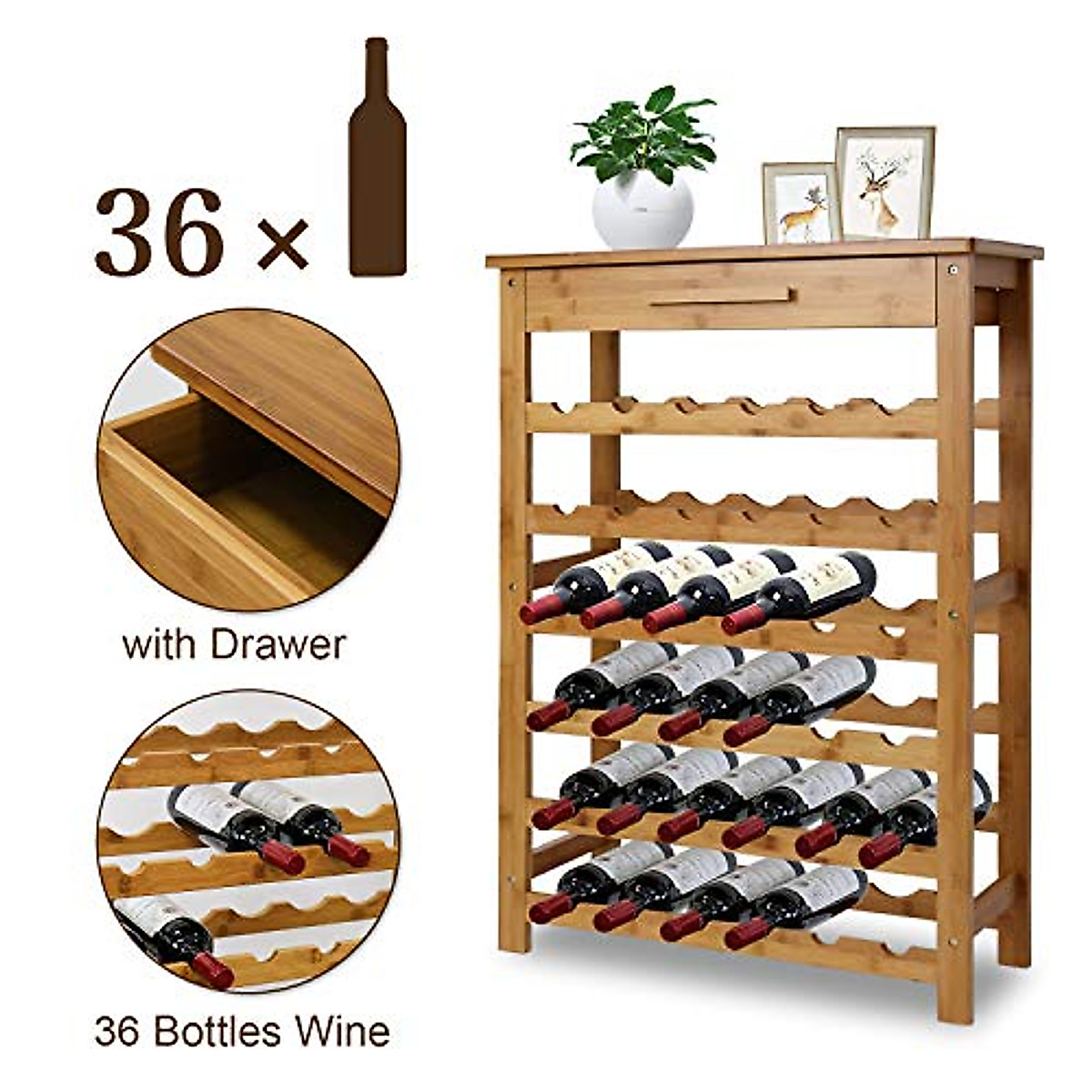 Kinlife Bamboo 6-Tiers Wine Rack with Drawer Free Standing Holder Storage Display Shelves for Storing 36 Bottles with Table Top