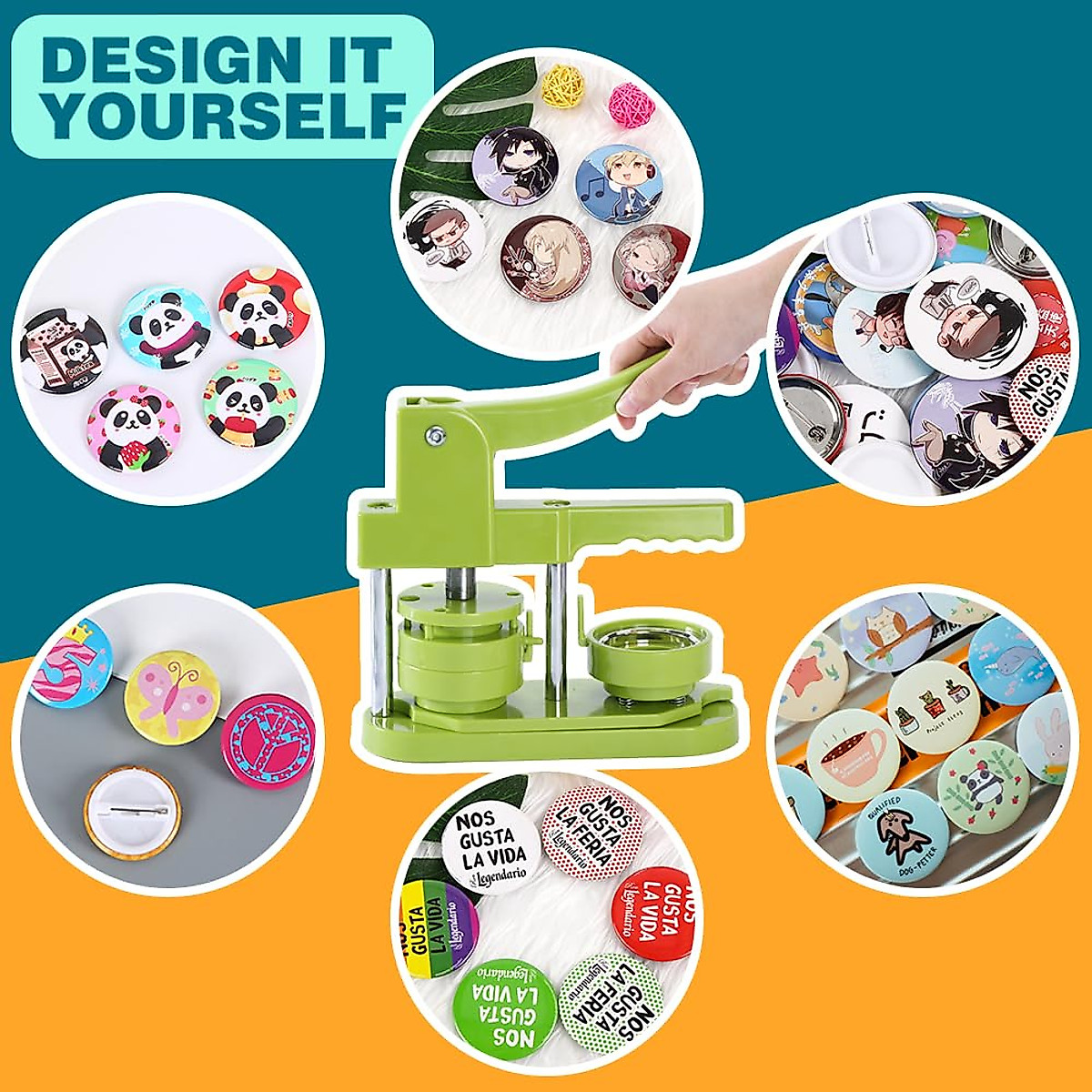 Happizza Button Maker Machine (3rd Gen) Installation-Free, 58mm (2.25in) DIY Pin Badge Button Maker Press Machine Badge Punch Press with Free 100pcs Button Parts&Pictures&Circle Cutter&Magic Book