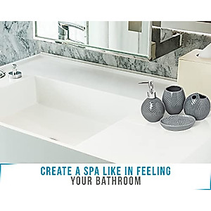 Designer 4-Piece Bathroom Accessory Set – Ceramic Bath Set w/Liquid Soap or Lotion Dispenser, Toothbrush Holder, Tumbler and Soap Dish – Decorative Set w/Embossed Details – Modern Vanity Accessories