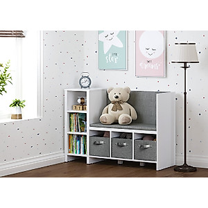 UTEX Kids Reading Nook Bench with Bookshelf, Kids Bookcase and Storage Organizer with Seat Cushion, Reading Bench with Bins for Bedroom & Entryway, White