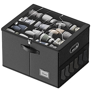 Shoe Organizer for Closet,Fits 16 Pairs,Leather Fabric Shoe Storage Bins with Clear Cover,Shoe Box Storage Containers,Adjustable Dividers for Storage with 4 Handles (Black, (19.7 * 15.7 * 13) x1)