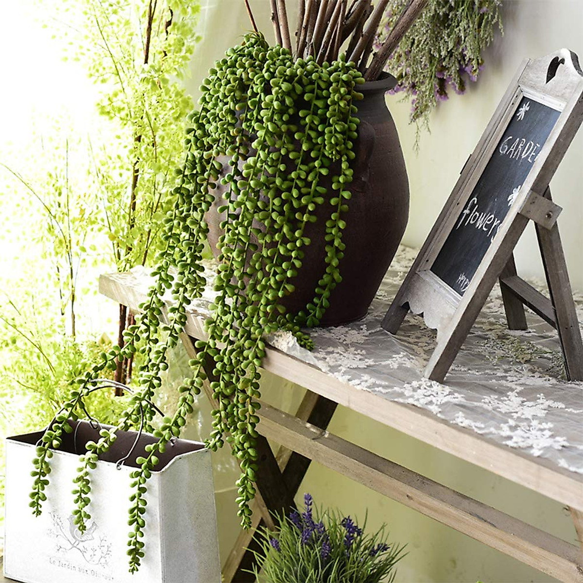 3 Pcs String of Pearls Plant Artificial Hanging Succulents Plants for Home Garden Decor (Pots Not Included) (Dark Green)
