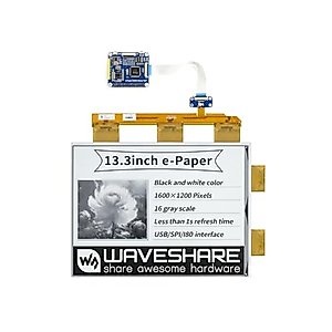 Waveshare 13.3inch E-Paper E-Ink Display HAT Compatible with Raspberry Pi4B/3B+/3B/2B/B+/A+/Zero/Zero W/WH/Zero 2W 1600×1200 Pixels Black/White 2-16 Grey Scales USB/SPI/I80 Supports Partial Refresh