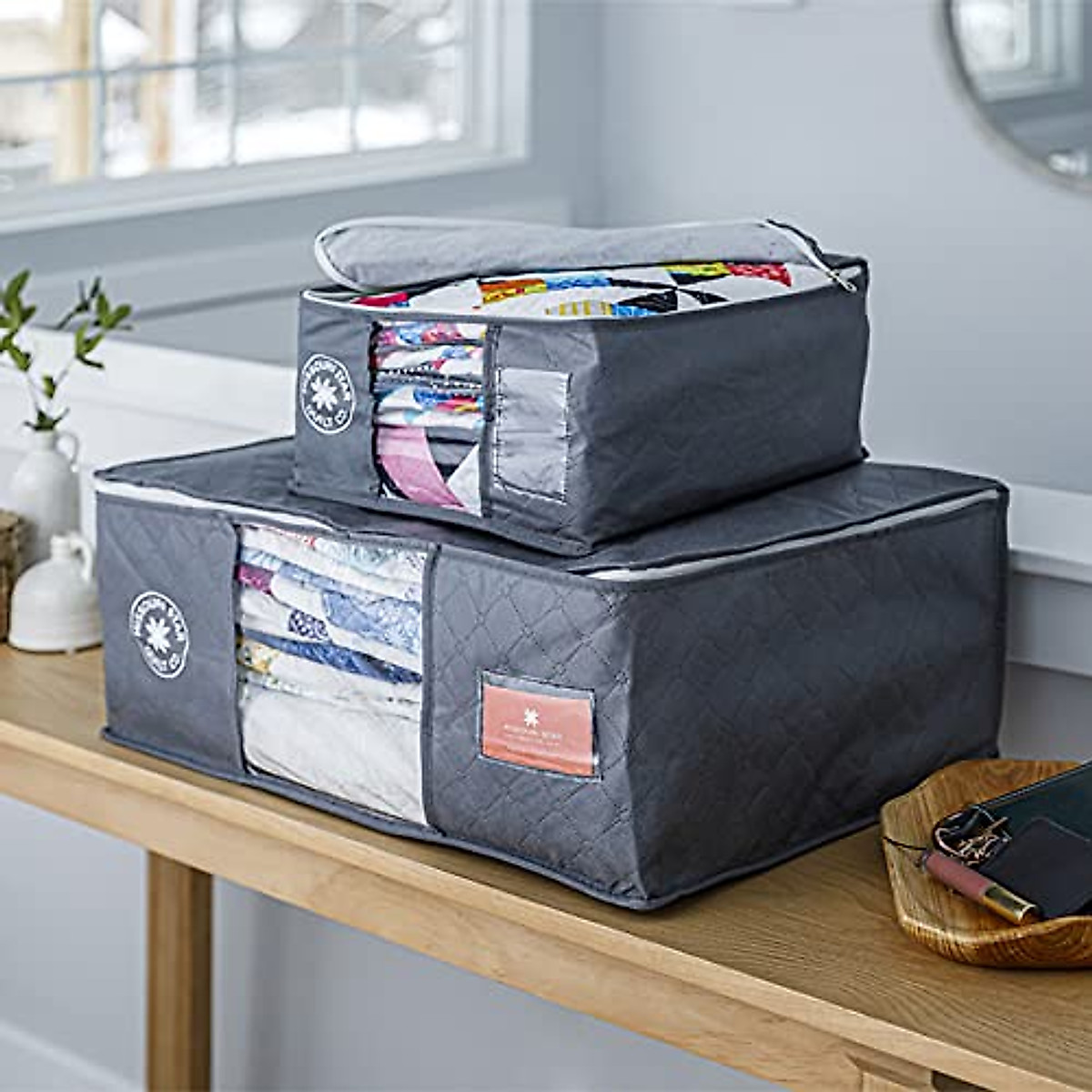 Missouri Star Blanket Storage Bag for Quilts Queen Size | Foldable Bedding Storage Bags with Zipper Clear Window | Large Fabric Tote with Handle for Underbed Storage