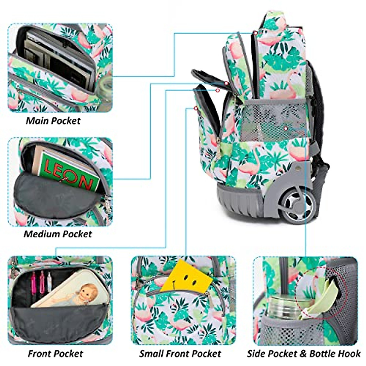 NEW TILAMI Rolling Backpack for Kids, 16 Inch Wheeled Laptop Backpack for Boys Girls School Travel Trip Bag, Flamingo