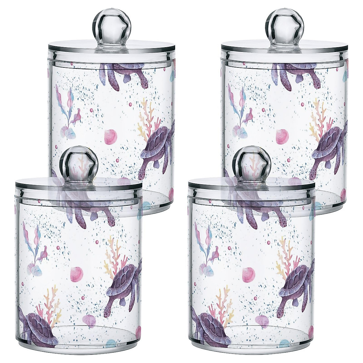 Wusikd Turtle 4 Pack Qtip Holder Organizer Dispenser Coral Shells Bathroom Storage Canister Cotton Ball Holder Bathroom Containers for Cotton Swabs/Pads/Floss