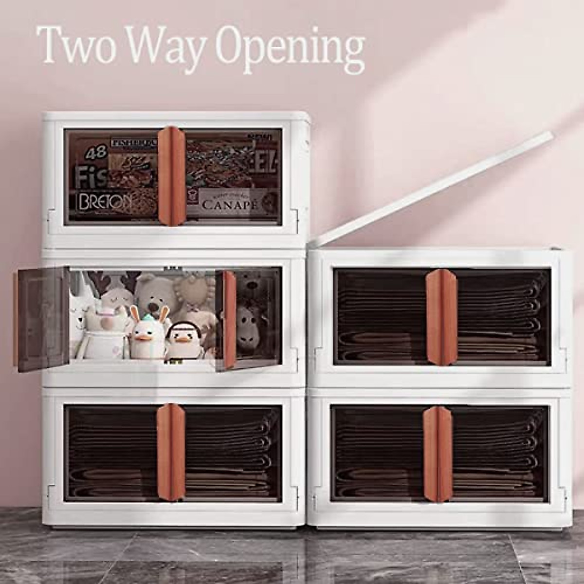 Storage Bins with Lids - 4 Packs Plastic Storage Bins, 22.8 Gal/Per Collapsible Storage Bins with Doors, Folding Storage Box, Stackable Storage Bins, Containers with Wheels for Home Kitchen