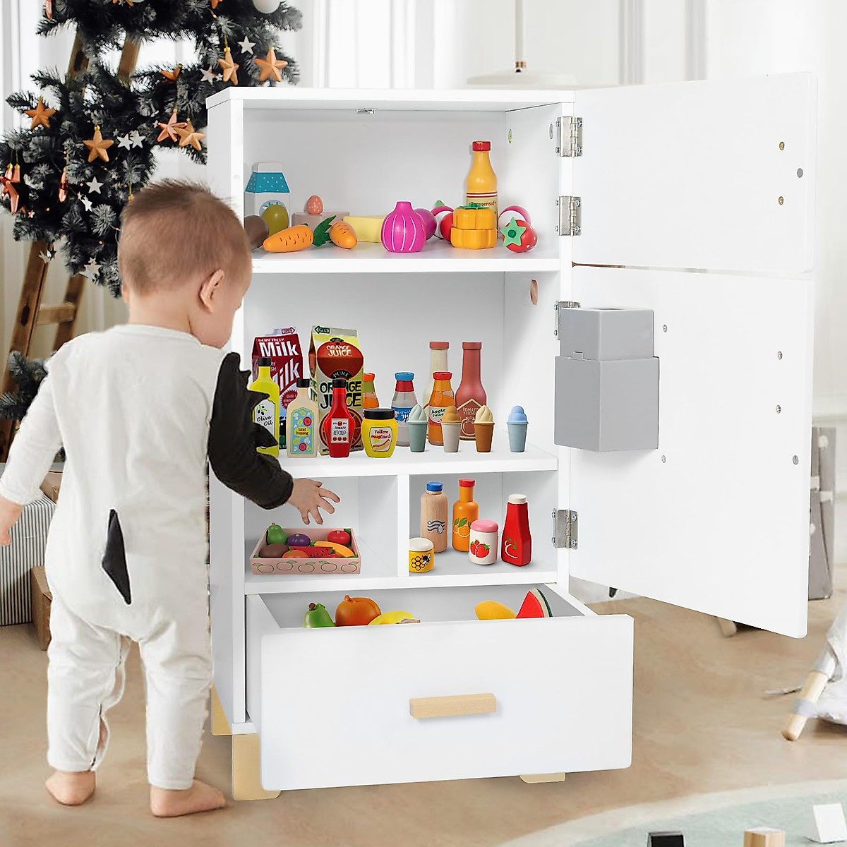 labebe - Kitchen Wooden Fridge | Fridge Freezer for Toddlers, Kids' Kitchen Playset Toy, Baby Cabinet Refrigerator Pretend Play Furniture White for Children Boy & Girl(15.8" 13.8”27”)