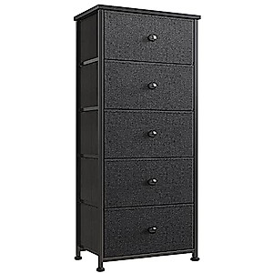 REAHOME 5 Drawer Dresser for Bedroom Storage Tower Closet Organizer Vertical Chest Sturdy Steel Frame Tall Dresser Wooden Top Removable Fabric Bins Office Organization(Black Grey) YLZ5B1