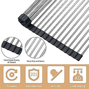 MGahyi Roll Up Dish Drying Rack, Over The Sink Drying Rack, Multipurpose 304 Stainless Steel Silicone Wrapped Steel Roll-Up , Folding Dish Rack for Kitchen Sink （Black, 17.3" x 10.2"）