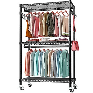 Heavy Duty Clothes Rack 3 Tiers Adjustable Wire Storage Shelves, Portable Clothing Rack with Double Rods and 4 Lockable Wheels, Freestanding Garment Racks with Hanging Hooks, Large Capacity, Black