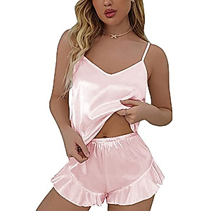 Pajamas for Women Silk Sleepwear Sexy Lingerie Satin Cami Shorts Set Nightwear Pink M