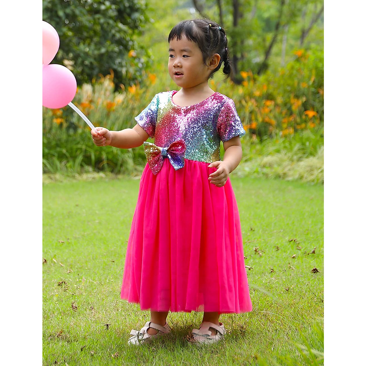 Cilucu Flower Girls Dresses Toddlers Sequin Tutu Dress for Big Girls Pegeant Party Kids Birthday Dress for Wedding Princess Dress Christmas Halloween Dress Rainbow Hot Pink 7-8 Years Old