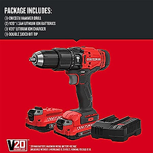 CRAFTSMAN V20 Cordless Hammer Drill Kit, 1/2 inch, 2 Batteries and Charger Included (CMCD711C2)
